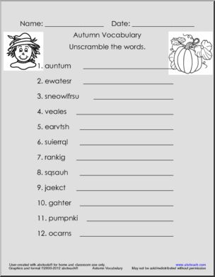 Word Unscramble: Autumn Vocabulary – Abcteach