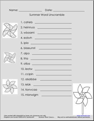 Unscramble the Words: Summer – Abcteach