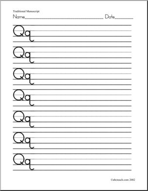 Handwriting Practice: Qq – Manuscript (ZB-Style Font) – Abcteach